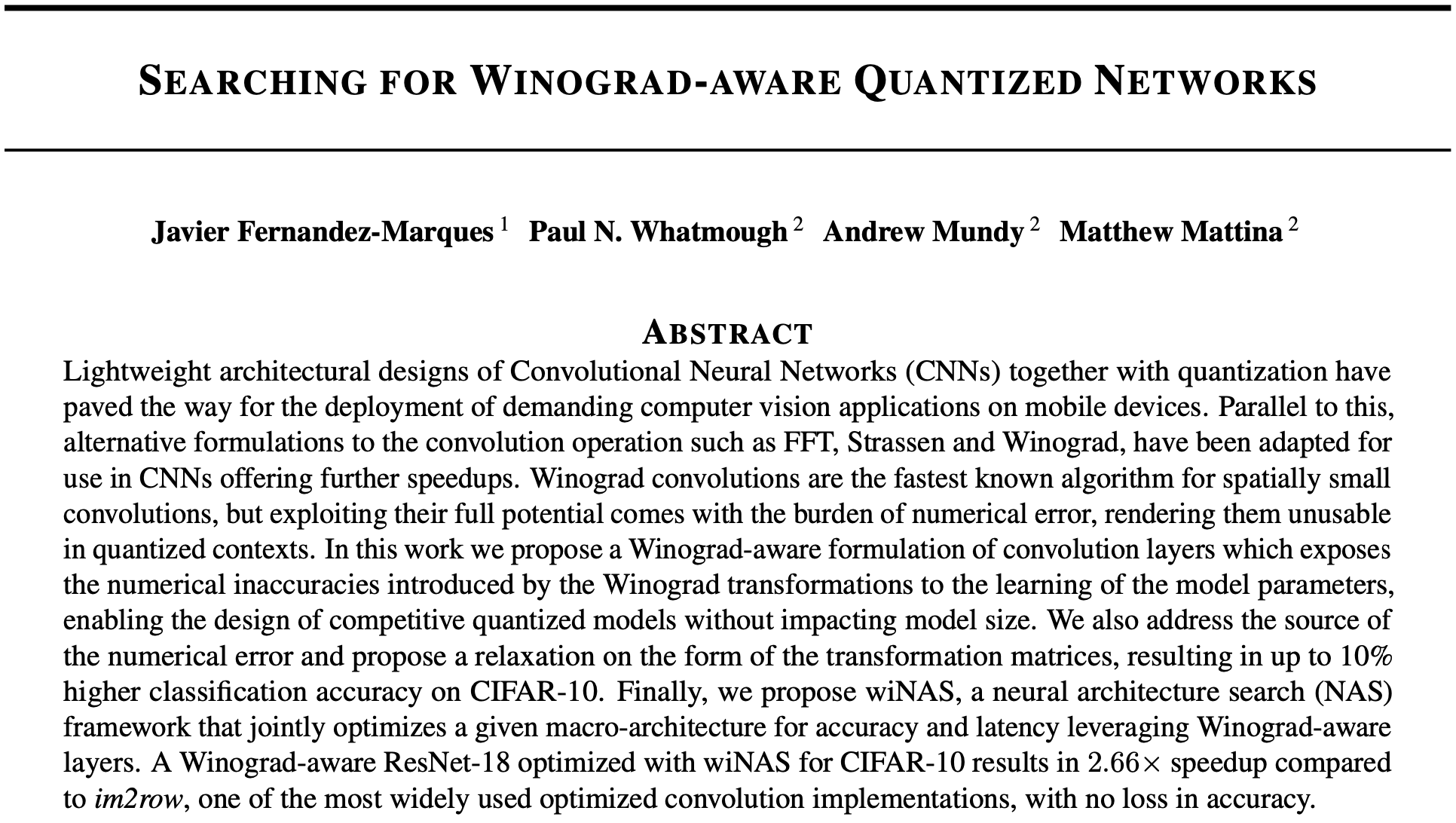 DeepRender - A review of "Searching for Winograd-aware Quantized Networks"